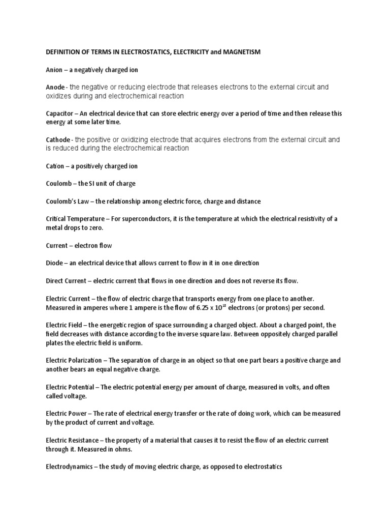 Electrostatics & Magnetism Glossary | PDF | Electric Current | Magnetic ...