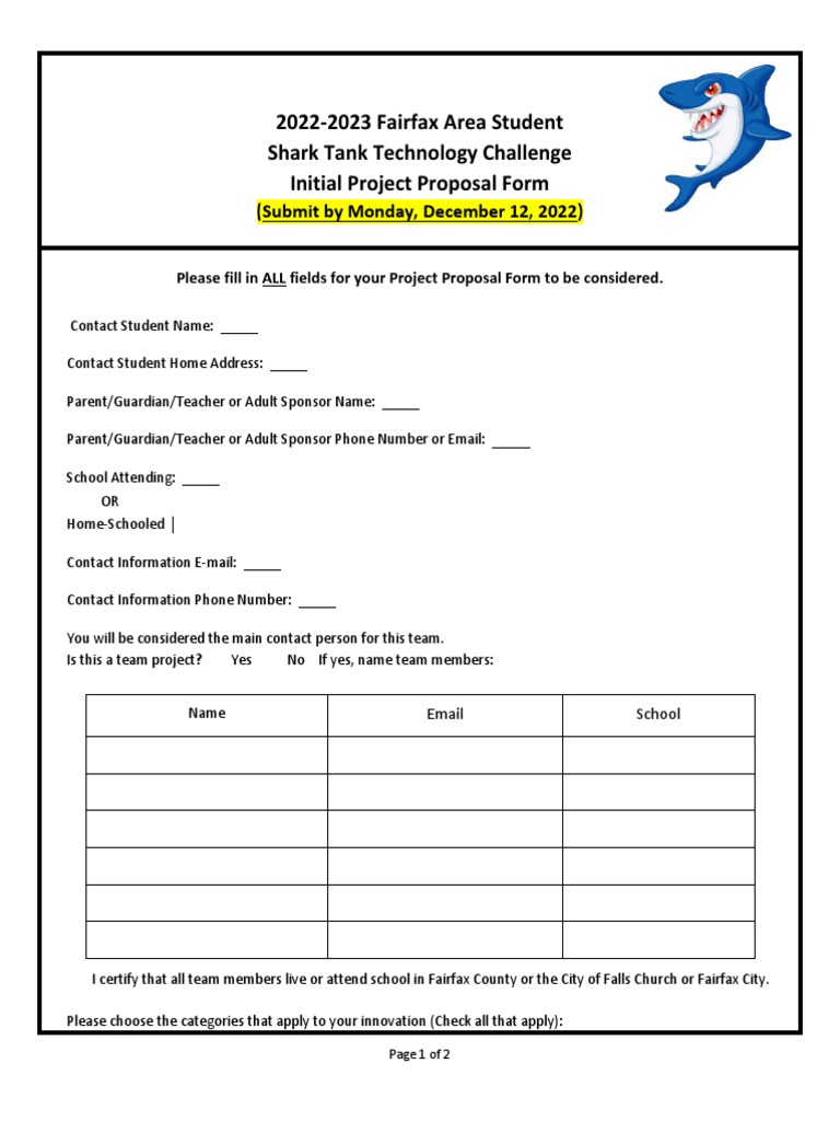 Shark Tank 2022 - 2023 Student Initial Proposal Form | PDF | Patent ...