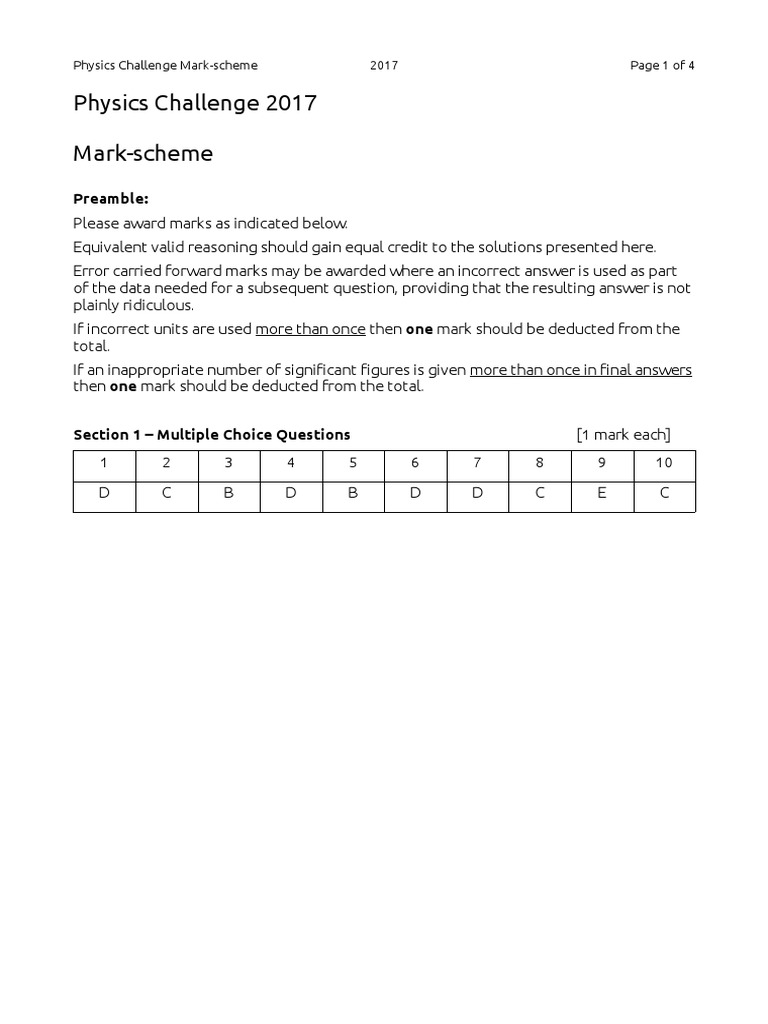 Physics Challenge - 2017 - Solutions | PDF | Force | Tension (Physics)