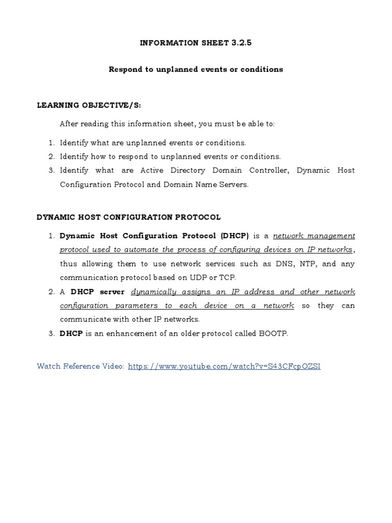 CSS - Info Sheet 3.2-5 - Respond To Unplanned Events or Conditions - DHCP | PDF | Ip Address ...
