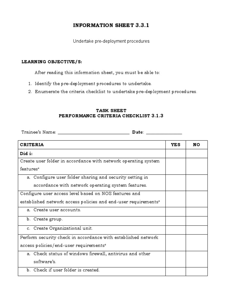 CSS - Info Sheet 3.3-1 - Undertake Pre Deployment Procedures | PDF