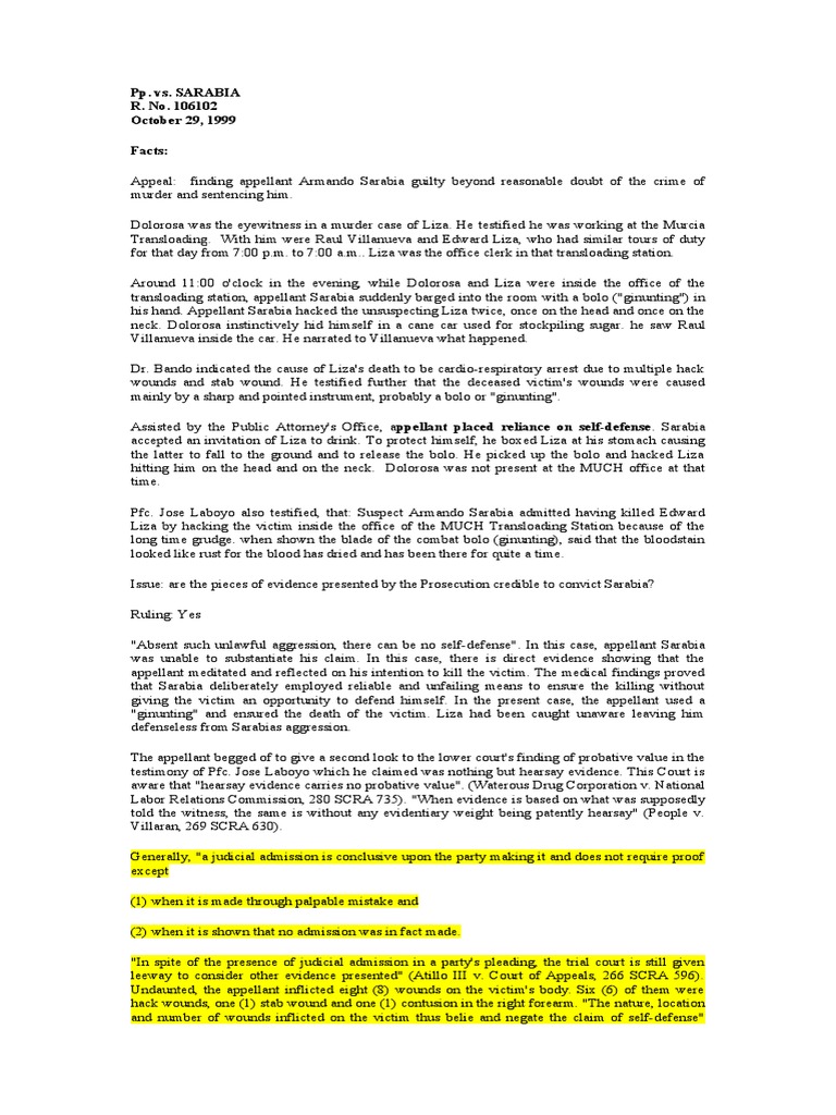 Evidence - People Vs Sarabia | PDF | Evidence (Law) | Hearsay In United ...