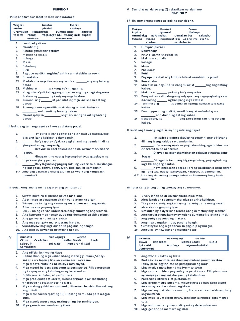 Filipino 7 1st Sumative Test | PDF