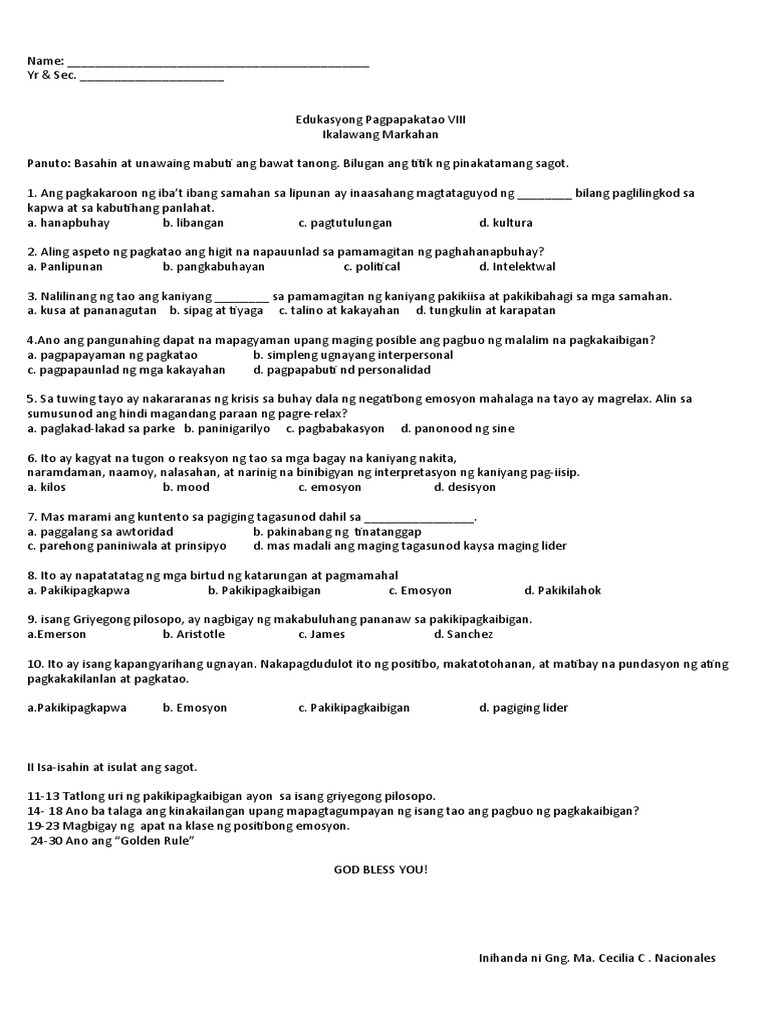 Long Test in Values 2nd Grading | PDF