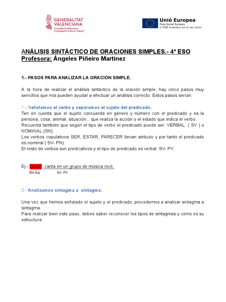 Análisis De La Oración Simple Odt Pdf Predicado Gramática Verbo