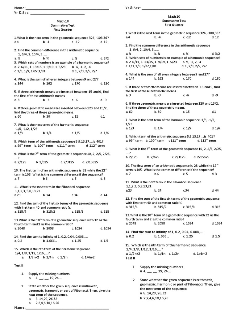 Math 10 Summative Test 1-20 | PDF | Summation | Mathematics