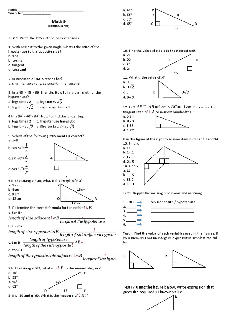 GR 9 4th Quarter Exam | PDF | Trigonometric Functions | Euclidean Plane Geometry