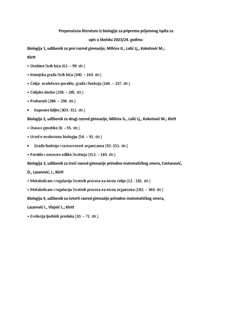 Biologija - Prijemni - Farmaceuti 2023-24 | PDF