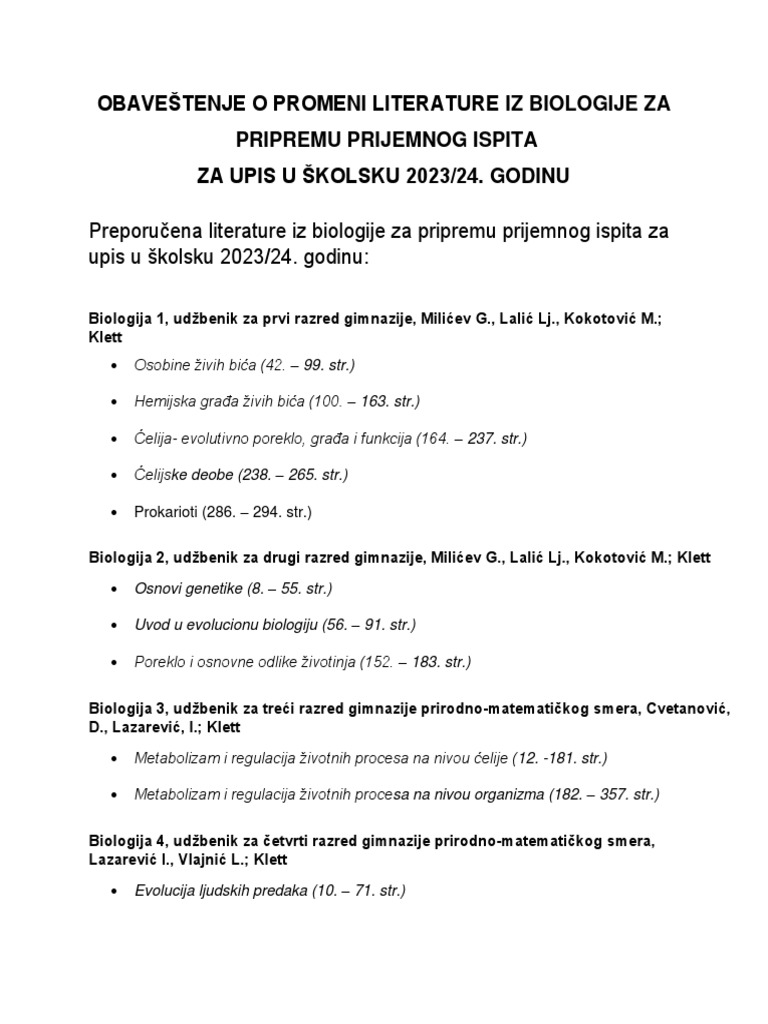 2023 Program Za Prijemni Ispit Iz Biologije Po Knj 221027 180155 (1) | PDF