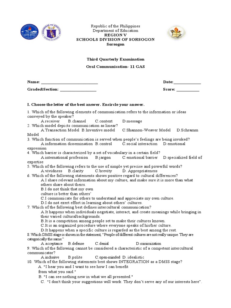 1st Q Oralcom Exam | PDF | Communication | Cognition
