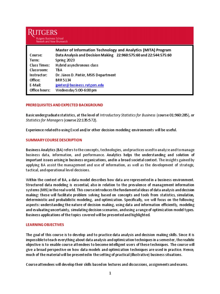 DADM Syllabus - Pinter, Spring 2023 | PDF | Statistics | Analytics