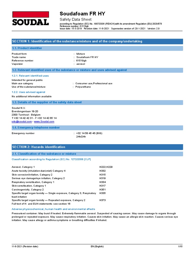 Soudafoam FR Hy Msds | PDF | Toxicity | Dangerous Goods