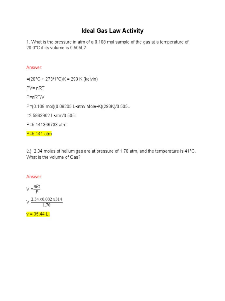 Ideal Gas Law Activity | PDF