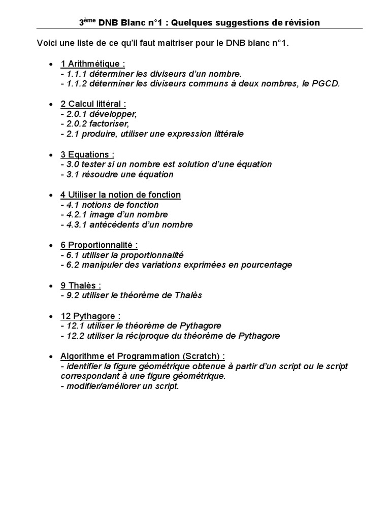 Révisions DNB Blanc n°1 : Mathématiques | PDF