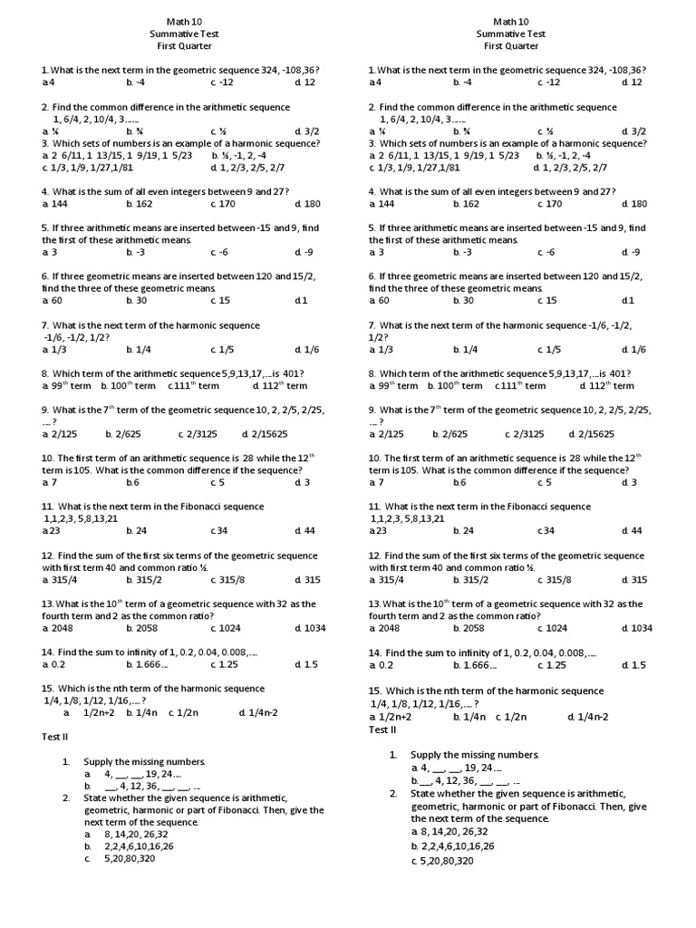 Math 10 Summative Test | PDF | Summation | Algebra