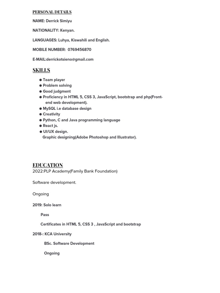 Derrick CV | PDF | Java Script | Bootstrap (Front End Framework) Derrick CV | PDF | Java Script | Bootstrap (Front End Framework)