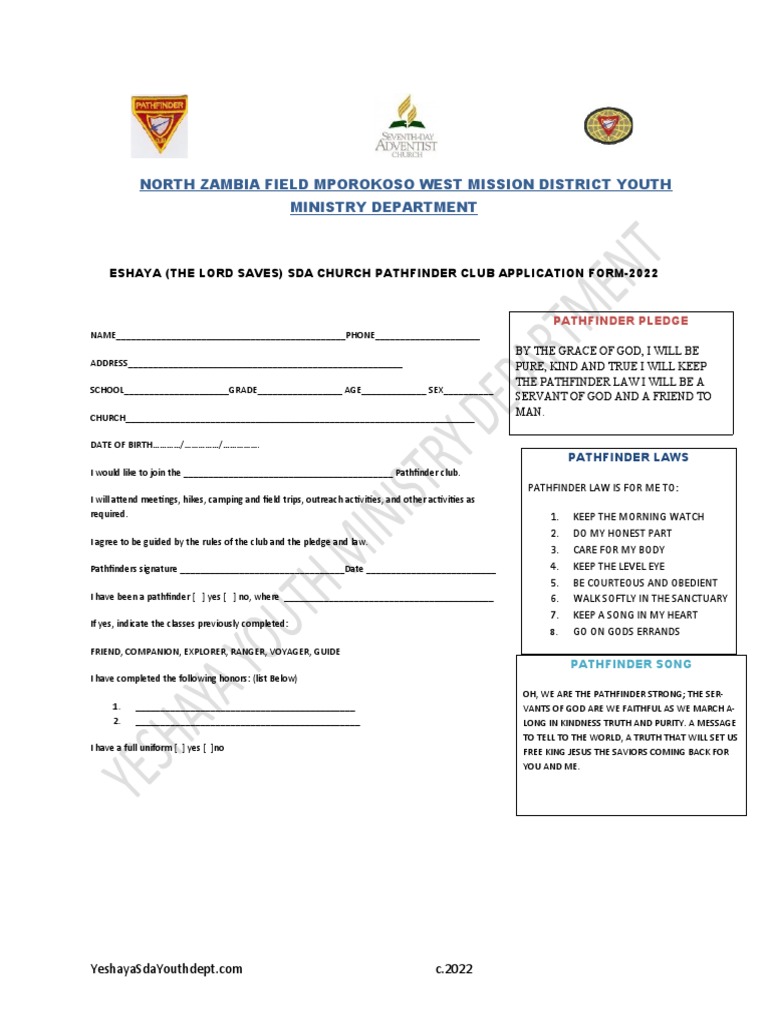 Pathfinder Club Membership Application | PDF | Seventh Day Adventist ...