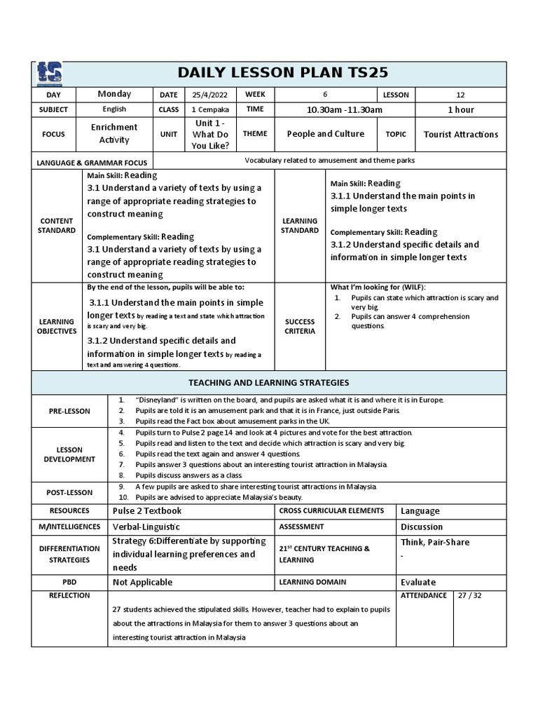 Contoh RPH | PDF | Reading Comprehension | Lesson Plan