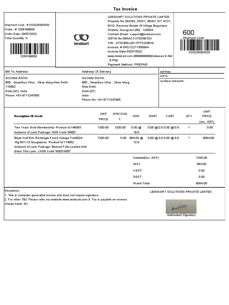 Lenskart Invoice # IHR212211356994 | PDF | Trade | Public Finance