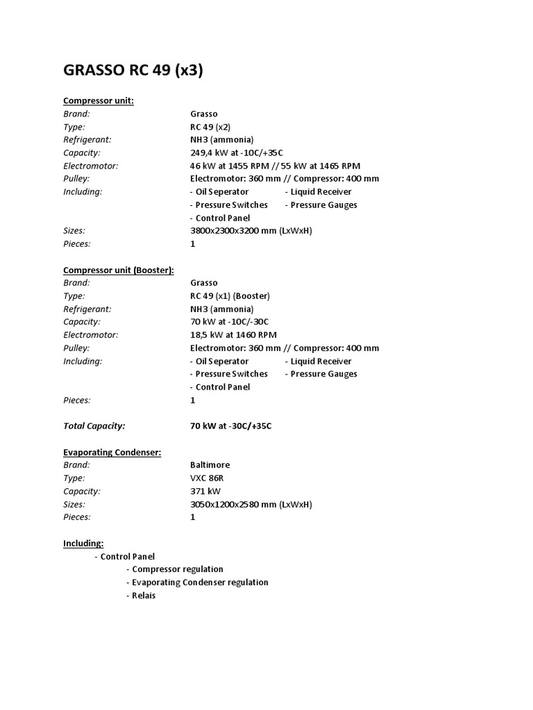 Grasso RC 49 Compressor Unit Specs | PDF