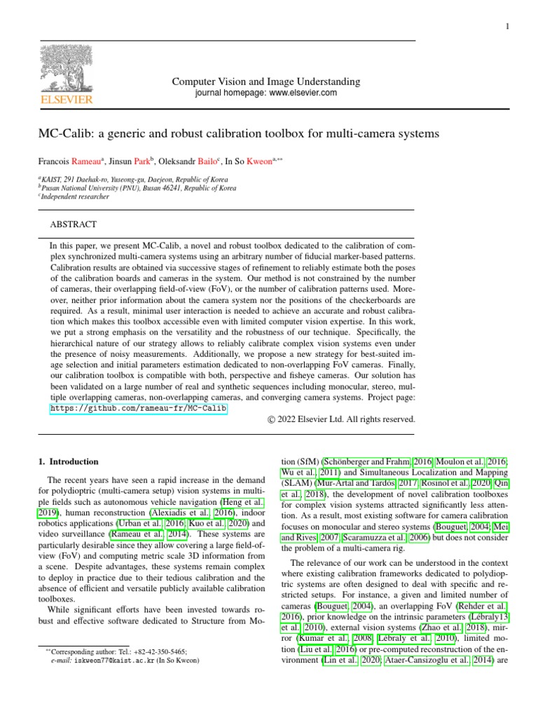 MC-Calib: A Generic and Robust Calibration Toolbox For Multi-Camera Systems (Preprint) | PDF ...
