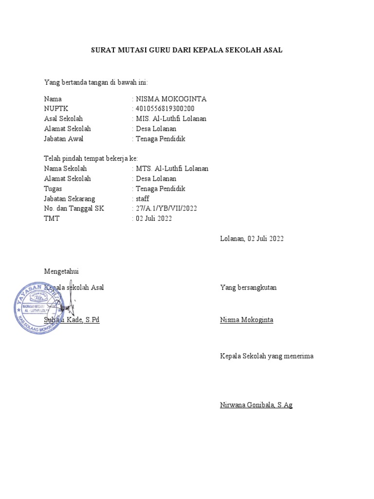 Contoh Surat Mutasi Guru Dari Kepala Sekolah Asal | PDF