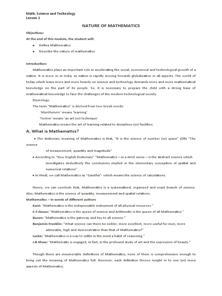MST Week 1 Lesson 1 NATURE OF MATHEMATICS | PDF | Mathematics ...