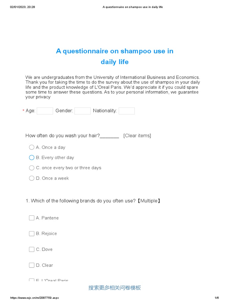 A Questionnaire On Shampoo Use in Daily Life | PDF | Brand | Advertising