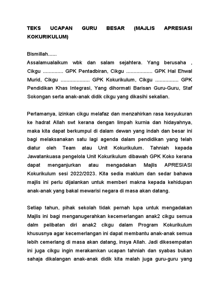 Teks Ucapan Majlis Apresiasi Kokurikulum | PDF