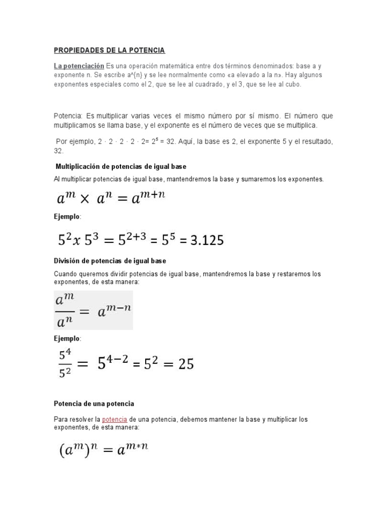 Propiedades de La Potencia Trabajo de Matematica Igol | PDF | Exponenciación | Multiplicación