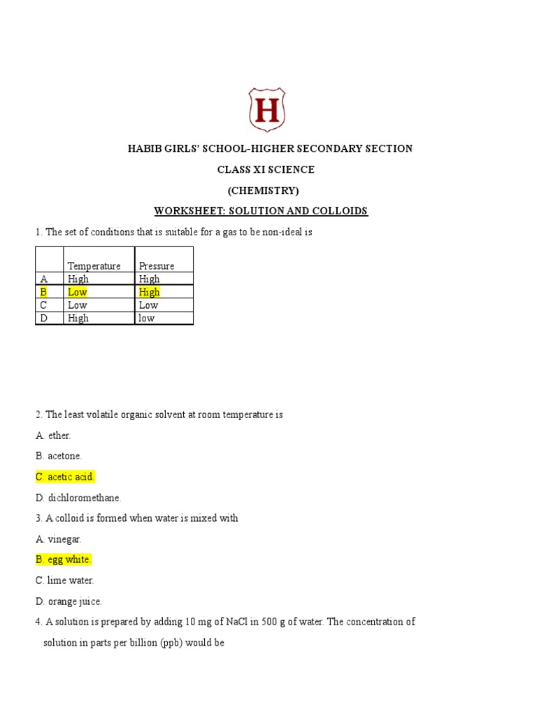 Arsheen Fatima - Worksheet Chem Solutions and Colloids | PDF | Phases ...