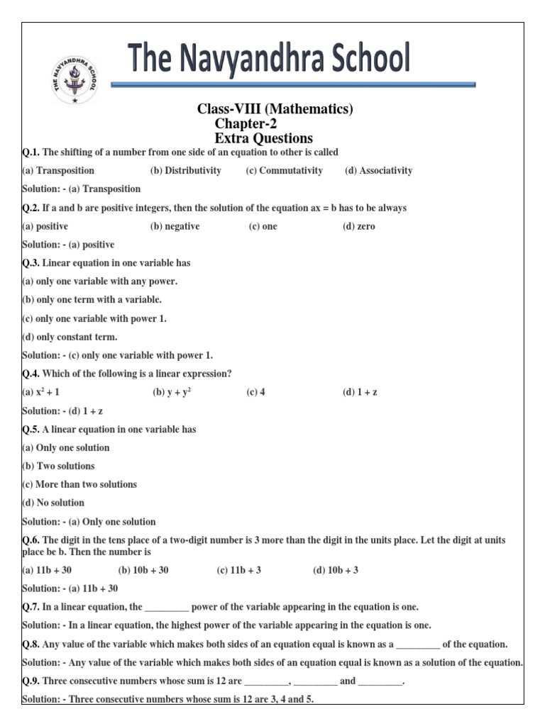 Extra Questions - Linear Equations in One Variable | PDF | Equations ...