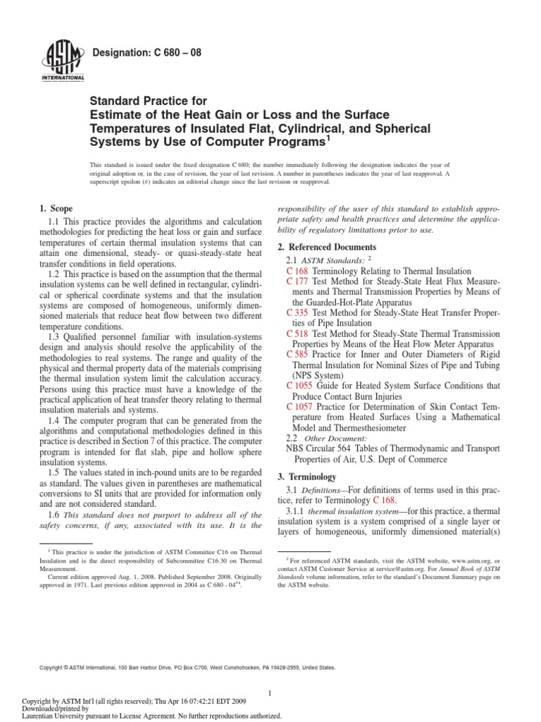 Estimate of The Heat Gain or Loss and The Surface Temperatures of Insulated Flat, Cylindrical ...