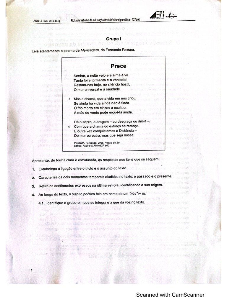 Mensagem - Poema Prece Ficha de Interpretação + Gramática | PDF