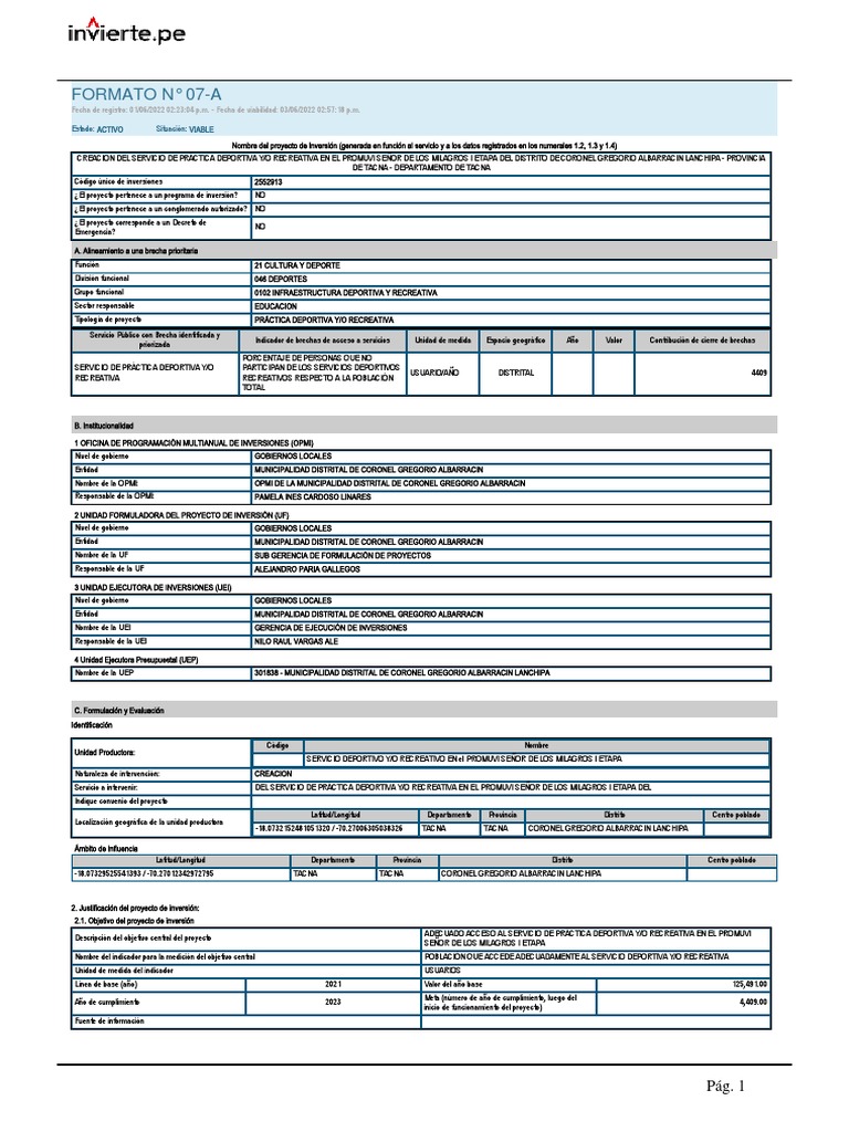 Formato Invierte Pe SR Milagros I Etapa | PDF | Infraestructura | Economias