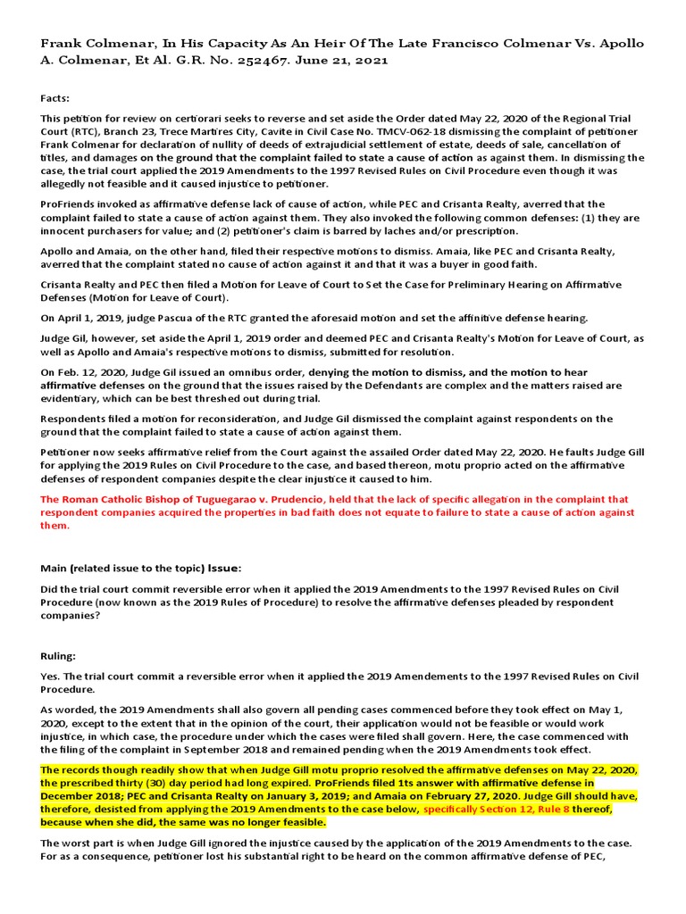 Civ Pro Case Digest | PDF | Demurrer | Complaint