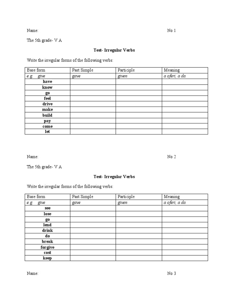 Test-Irregular Verbs 2 | PDF
