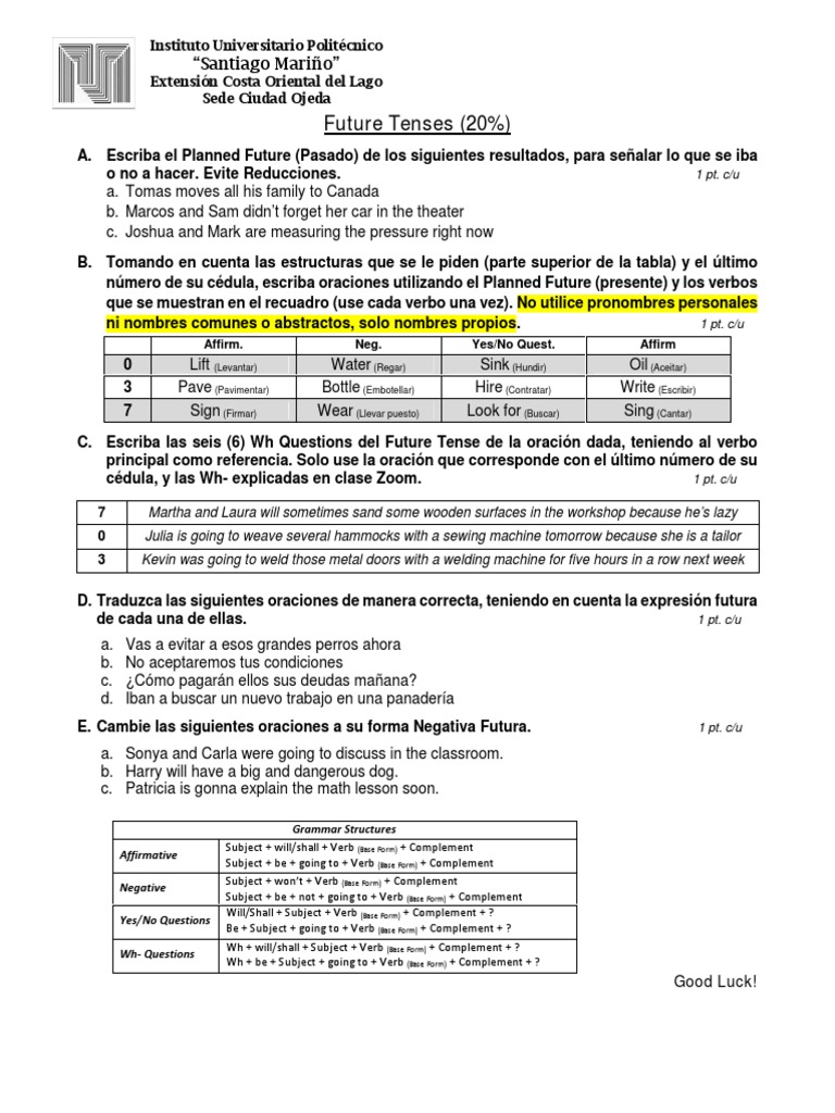 Test English I - Future Tenses - 0-3-7 | PDF