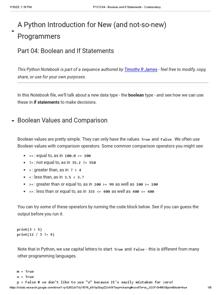 PYCS 04 - Boolean and If Statements - Colaboratory | PDF | Boolean Data ... PYCS 04 - Boolean and If Statements - Colaboratory | PDF | Boolean Data ...
