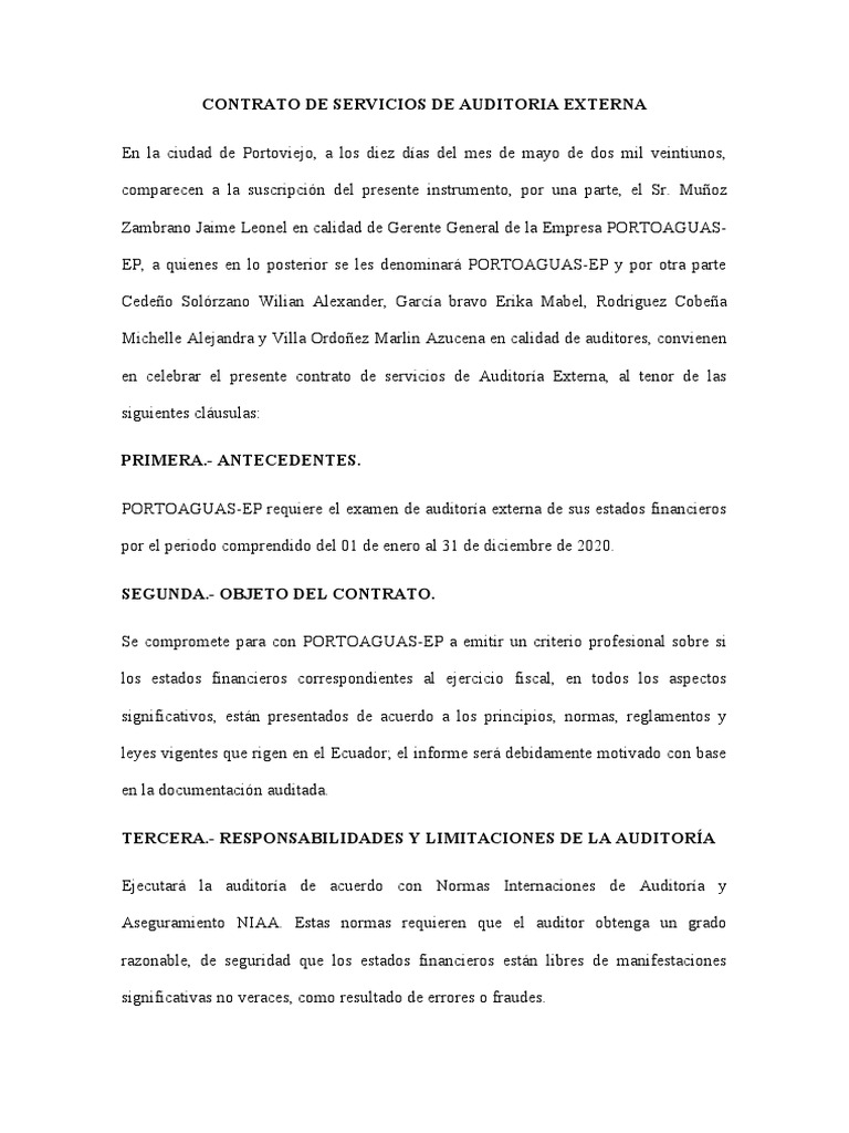 Contrato de Servicios de Auditoria Externa | PDF | Auditoría | Estado financiero