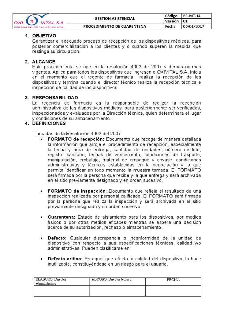 PR-MT-14 Procedimiento de Cuarentena V02 | PDF | Farmacia