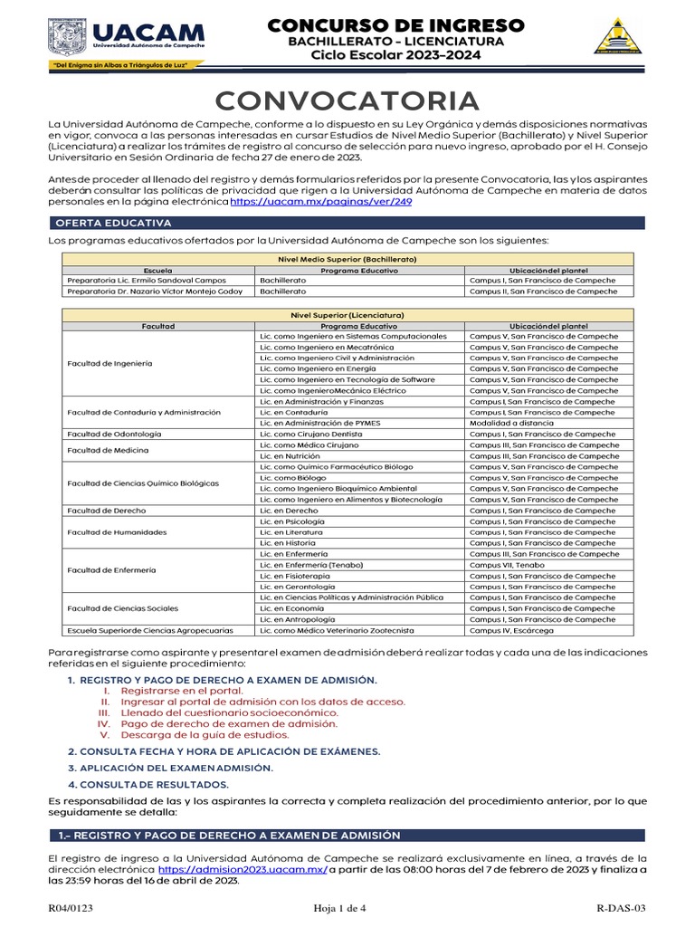 Convocatoria de Nuevo Ingreso 2023-2024 UAC | PDF | Ingeniería ...