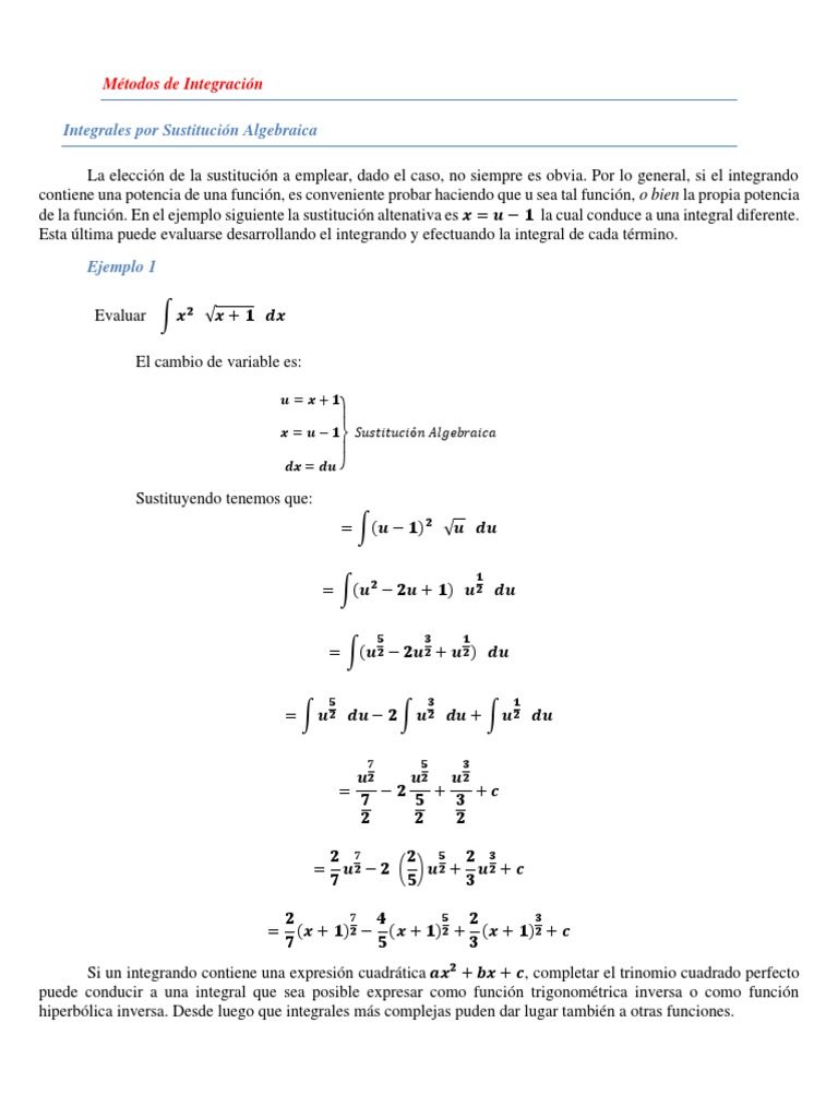 Integrales Por Sustitución Algebraica Teoría | PDF | Integral ...
