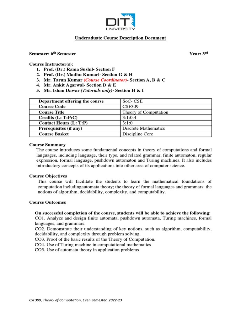 CSF309 Course Description Document | Download Free PDF | Automata ...