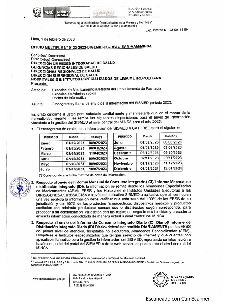 Oficio Múltiple 133 2023 Digemid DG Dfau Eam Aam Minsa | PDF