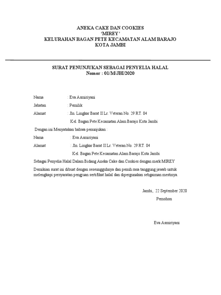 Surat Penunjukan Penyelia Halal MIREY | PDF