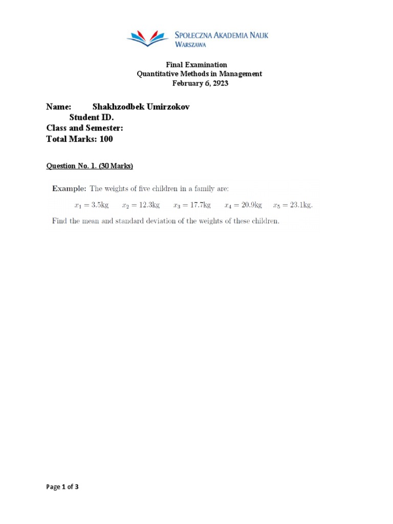 Final Examination - Quantitative Methods in Management | PDF