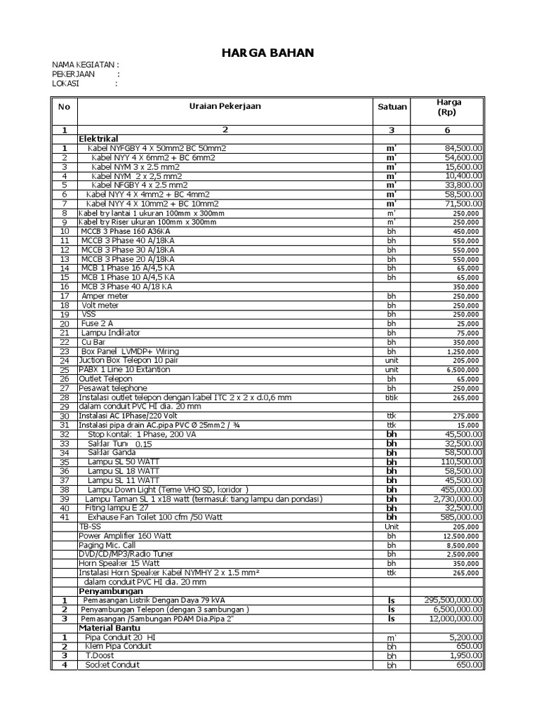Harga Bahan Elektrikal dan Pipa | PDF