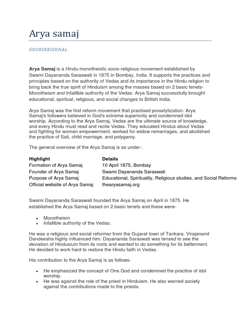 Arya Samaj PDF | PDF | Vedas | Religious Belief And Doctrine