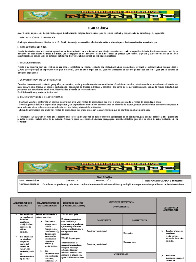 PLAN DE ÁREA Matematicas Grado 3° | PDF | Aprendizaje | Salón de clases